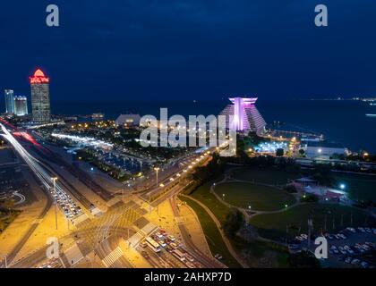 Aerial view of Sheraton Grand Doha Resort from Corniche Waterfront ...