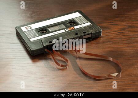 Audio tape cassette with subtracted out tape. Old broken cassette Stock ...