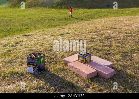 Fireworks waste litter after new years eve on grass top view Stock ...