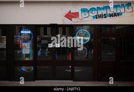 Entrance to the amusement arcade on the Royal Pier, Aberystwyth ...