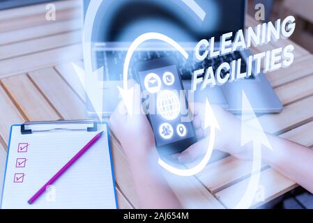 Writing note showing Cleaning Facilities. Business concept for Place or ...