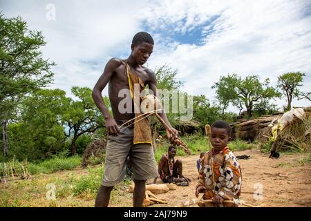Hadzabe guy Plays a Traditional musical instruments . the Hadzabe are ...