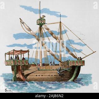 Navigation history. 14th century. Europe. Merchant vessel. Engraving ...