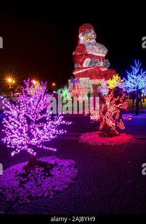 Magical holiday scene and Santa Claus sleigh with reindeers flying ...