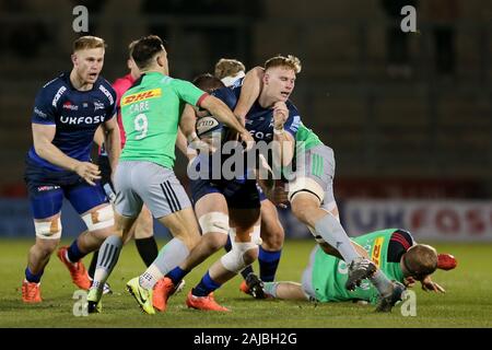 Sale Sharks' Jean-Luc du Preez (left) is tackled by Bath's Nye Thomas ...