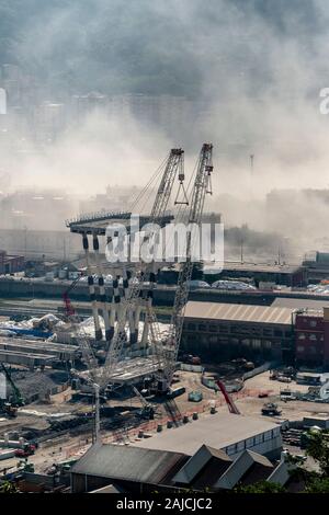View of the Ponte Morandi Bridge remains during demolition and ...