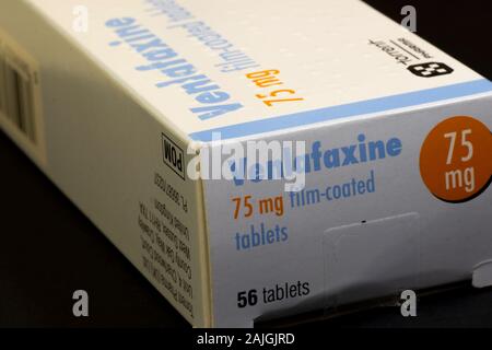 Box of Venlafaxine tablets, an antidepressant medication of the ...