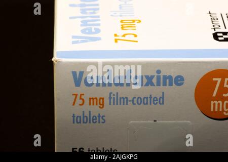 Box of Venlafaxine tablets, an antidepressant medication of the ...