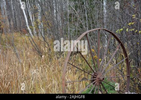 Rusty brown iron wheel in autumn field Stock Photo - Alamy