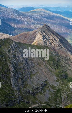 Crib Goch ridge viewed from the summit of Snowdon in Snowdonia National ...