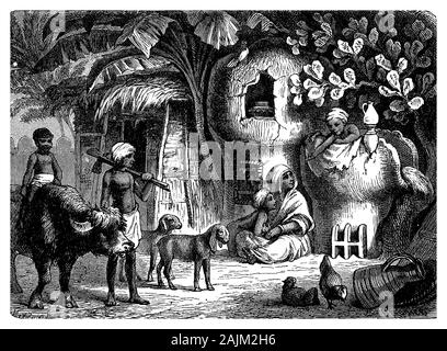 Farmer in the ancient Middle East sowing grain. Hand-colored woodcut ...