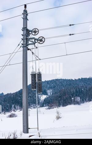 Railway electrification system. Overhead line wire over rail track ...