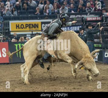 Professional bull rider Brady Fielder rides ”Chuck & Larry” during ...