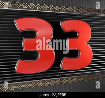Number thirty-three (number 33) with red transparent stripe on white ...