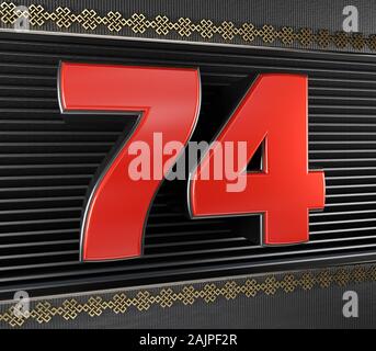 Golden number seventy-four (74 years) on white background with pattern ...