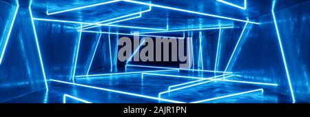 Abstract blue interior or corridor with neon light. Fluorescent lamp ...