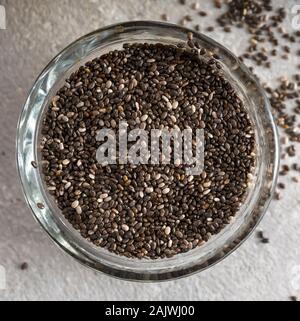 Healthy food - omega-3 source - macro of chia seed, overhead over ...