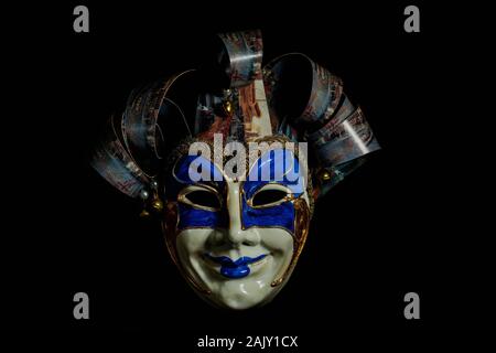 blue with gold elegant traditional venetian mask over white background ...