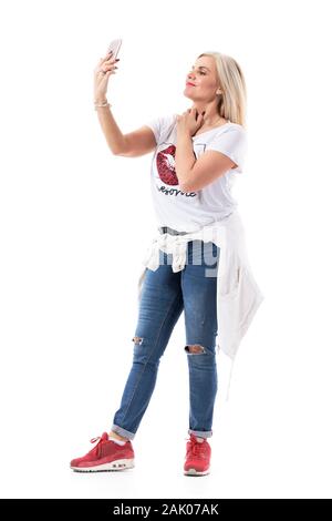 Full body photo of funky blond lady dance wear t-shirt overall sneakers ...