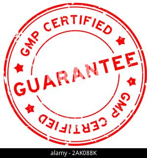 Grunge red GMP (Good manufacturing practice) certified square rubber seal stamp on white ...