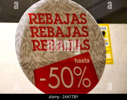 Rebajas signs seen in a shop window indicating the New Years Sales have ...