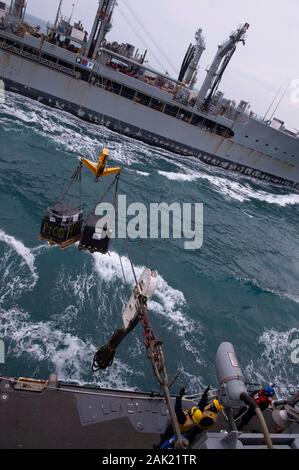 USS Shiloh (CG 67) conducts underway replenishment with MSC fast combat ...