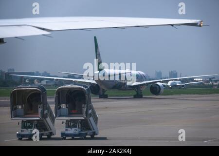 An Eva Air plane at Taoyuan International Airport in Taipei, Taiwan ...