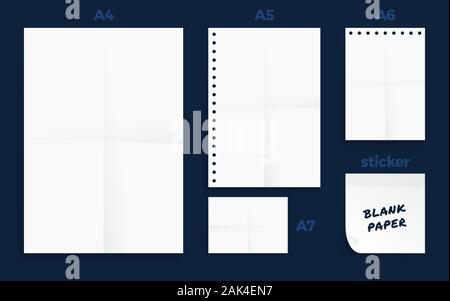 Set of crumpled four Standart blank task series A format paper A4, A5 ...