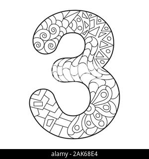 Three number Isolated zentangle illustration for coloring. Color and ...