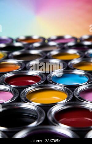 Rainbow colors, Open cans of paint Stock Photo - Alamy