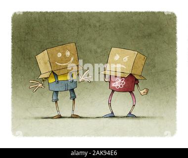 Cartoon illustration of a cardboard box hiding a secret Stock Photo - Alamy