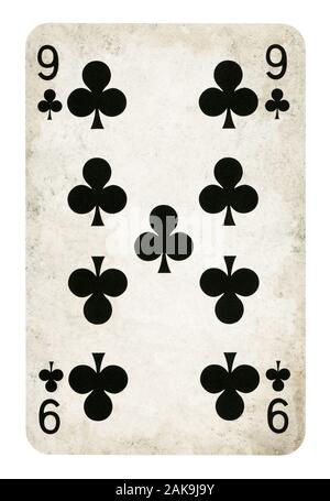 Nine of Clubs Vintage playing card - isolated on white (clipping path ...
