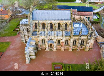 Aerial view of Rosslyn Chapel in Roslin village Midlothian, Scotland ...