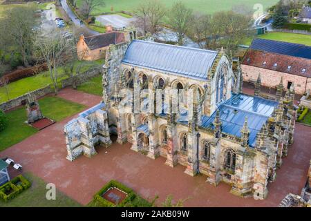 Aerial view of Rosslyn Chapel in Roslin village Midlothian, Scotland ...