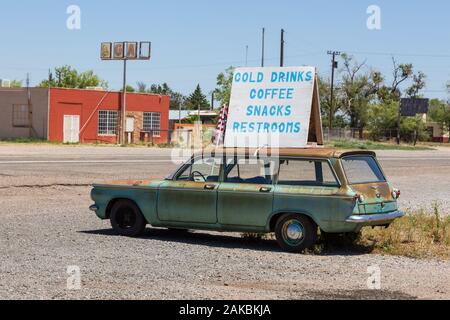 Truxton, Arizona, USA- 01 June 2015: Abandoned building and old car on ...