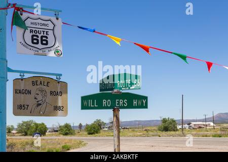 Truxton, Arizona, USA- 01 June 2015: Red building and old car with ...