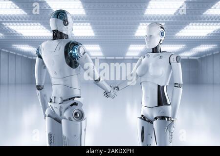 3d rendering male and female cyborg hand shaking Stock Photo - Alamy