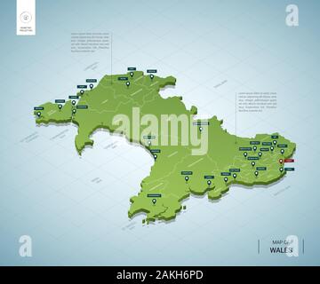 Stylized vector Wales map. Infographic 3d gold map illustration with ...