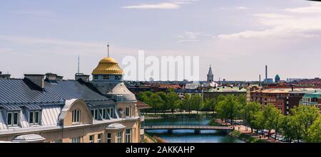 Panoramic view of Malmo skyline from canal in the evening, Sweden Stock ...