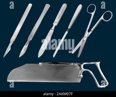 A set of surgical cutting tools. Reusable all-metal scalpel, delicate ...