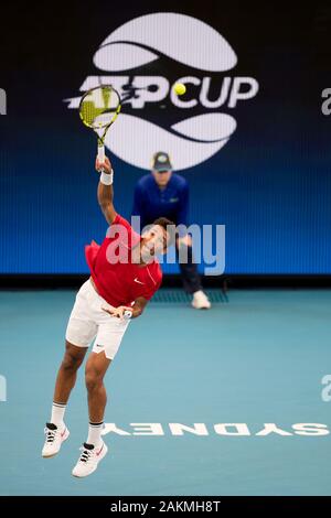 Felix Auger-Aliassime of Canada serves during his round robin singles match against Alexander ...
