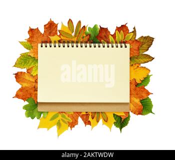 Beautiful dried leaves and notebook on yellow background Stock Photo ...