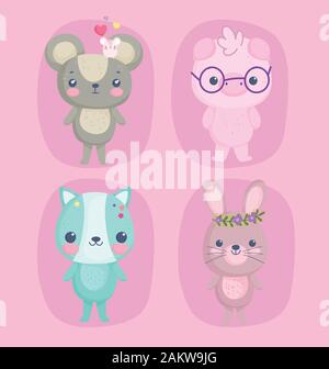 Cute little rabbit with pink glasses. Funny bunny face. Vector ...
