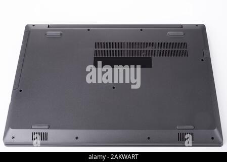 Laptop computer bottom side with back panels removed showing HDD ...