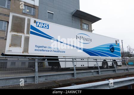 Mobile MRI Scanner unit parked at Queens Medical Centre in Nottingham ...