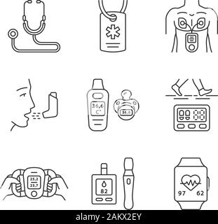 Medical devices linear icons set. Blood pressure monitor, body weight ...