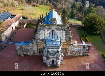 Aerial view of Rosslyn Chapel in Roslin village Midlothian, Scotland ...