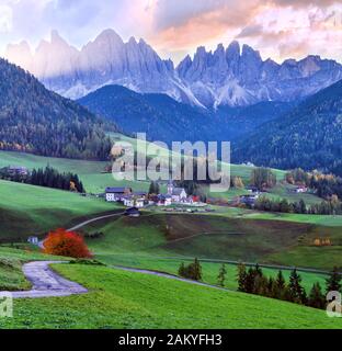 Autumn daybreak Santa Magdalena famous Italy Dolomites village view in ...