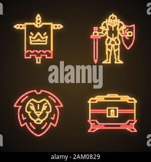 Medieval neon light icons set. Knights and accessories. Middle ages ...