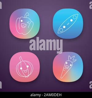 Vegetables cute kawaii app characters set. Winking paprika. Pea, onion ...